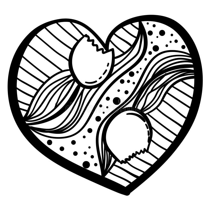 Outline Heart with Fantasy Patterns, Coloring Page with Tulips and ...