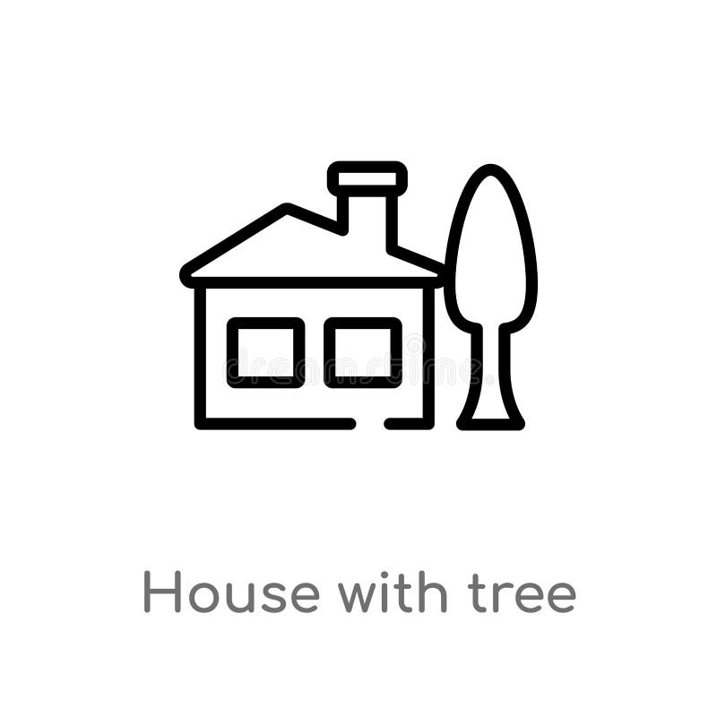 Outline House with Tree Vector Icon. Isolated Black Simple Line Element ...