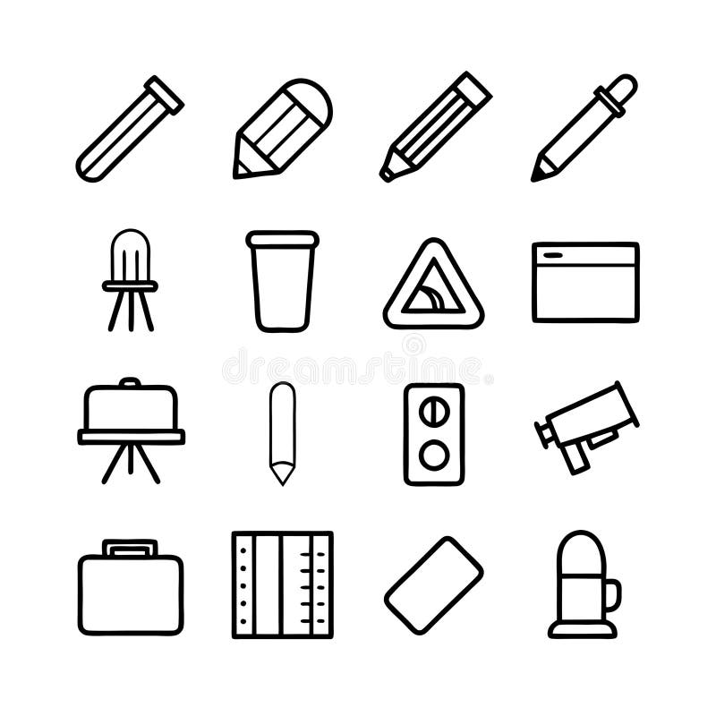 Outline Icon Set: Creative Supplies and Office Objects in Simple Style ...