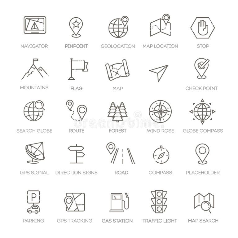 Navigation, Location, GPS Elements - Thin Line Web Icon Set Stock Vector - Illustration of sign ...