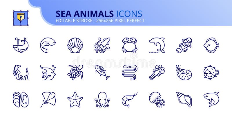 Simple Set of Outline Icons about Sea Animals. Sea World Stock Vector ...