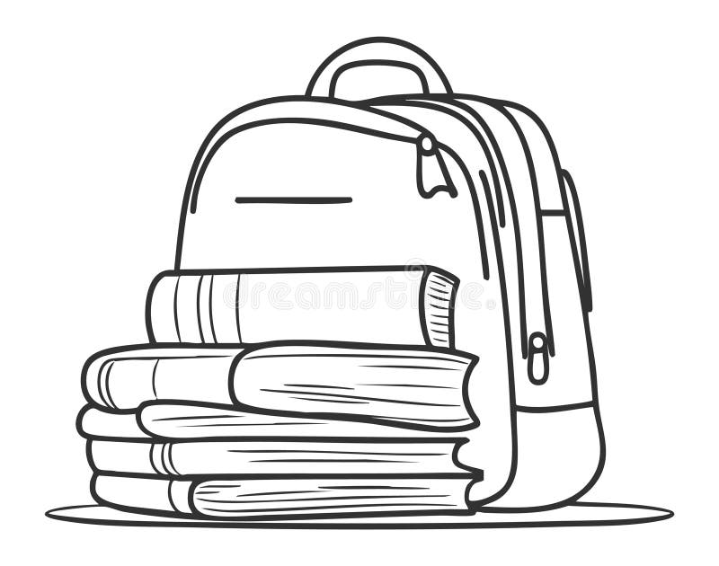 Outline Illustration of a Backpack and Stack of Books for Education ...