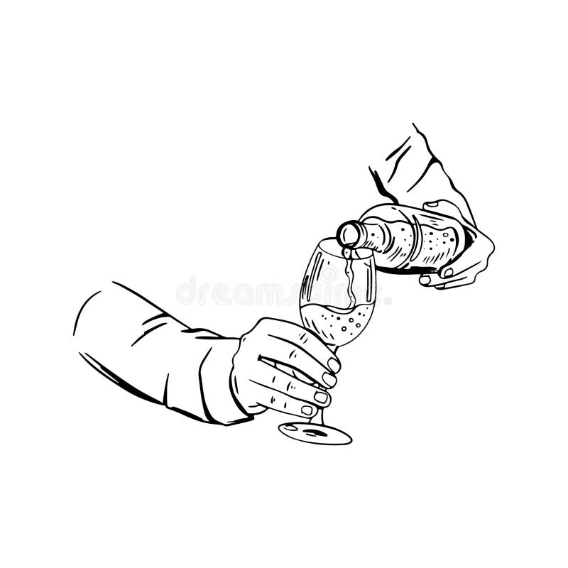 Outline Illustration of a Bartender Pouring Wine from a Bottle into a ...