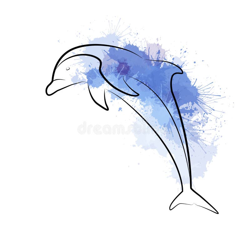 Outline Illustration of a Jumping Dolphin with Watercolor Splashes ...