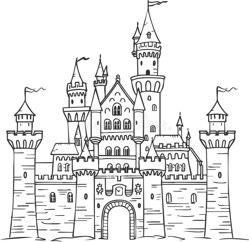 Outline Illustration of a Medieval Castle with Multiple Towers and ...
