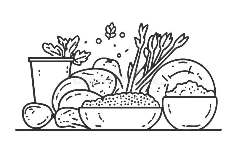 Outline Illustration of Various Food Ingredients Including Grains and ...