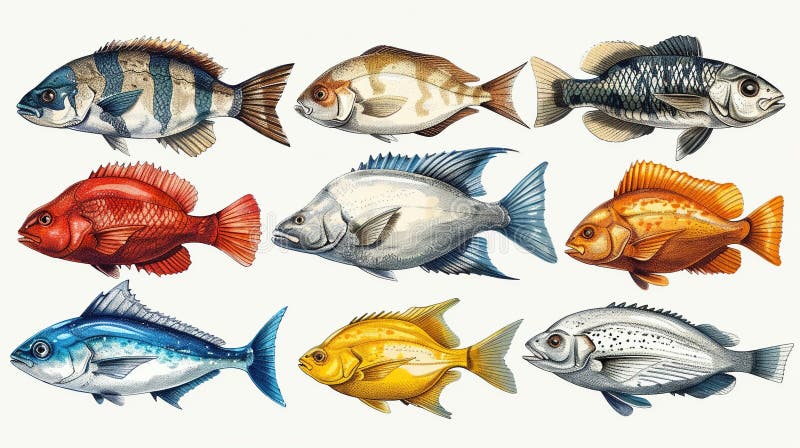 An Outline Illustration of Various Types of Fish. Stock Image - Image ...
