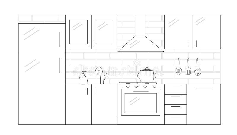 Outline of the Kitchen Set, Kitchen Furniture Design. Flat Style Vector ...