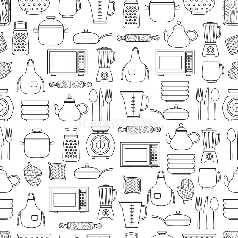 Outline Kitchen Tools Seamless Pattern Stock Vector - Illustration of cartoon, handle: 353319274