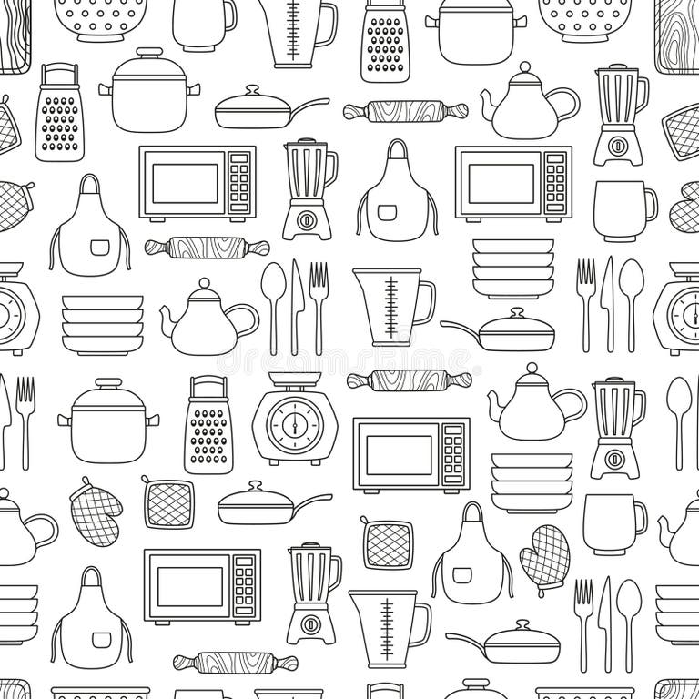 Outline Kitchen Tools Seamless Pattern Stock Vector - Illustration of cartoon, handle: 353319274