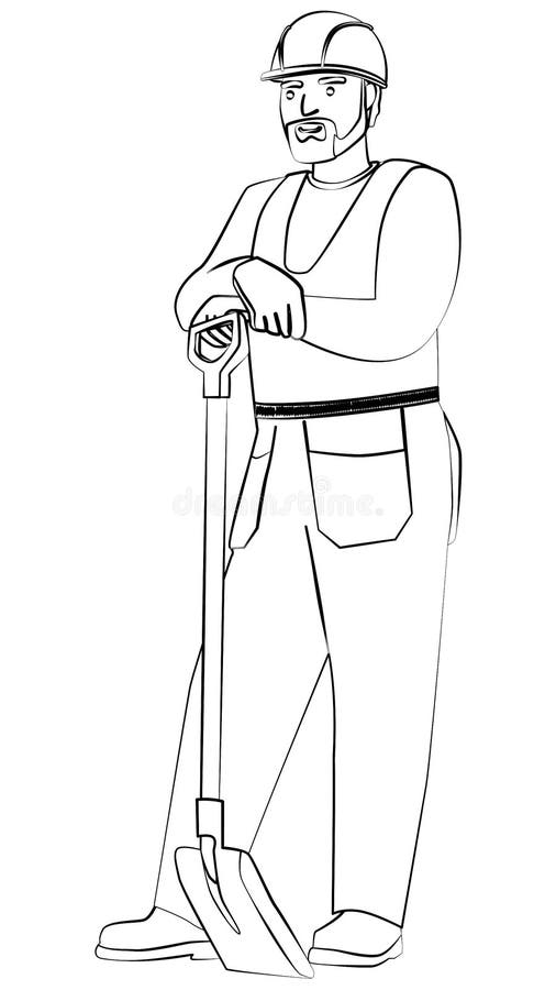 Outline of Man in Work Clothes and Hard Hat Stands Leaning on Shovel ...