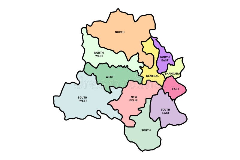 Outline Map of Delhi India and His Colourful Districts Stock ...