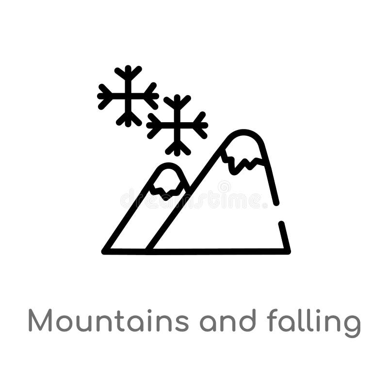 Outline Mountains and Falling Snowflakes Vector Icon. Isolated Black ...