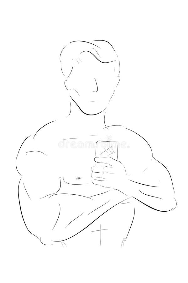 Outline of Muscle Man Take a Self Portrait, Isolated on White Stock ...