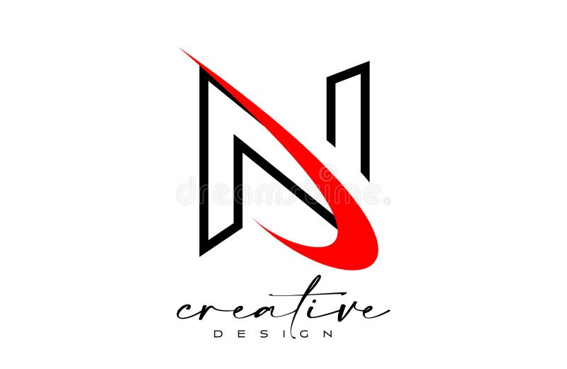 Outline N Letter Logo Design with Creative Red Swoosh. Letter N Initial ...