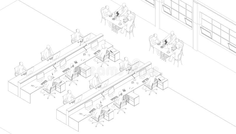 Outline of an Office with Working People at Computers from Black Lines ...