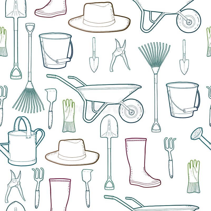 Outline Pattern with Garden and Farmer Tools. Instruments and Hat and ...