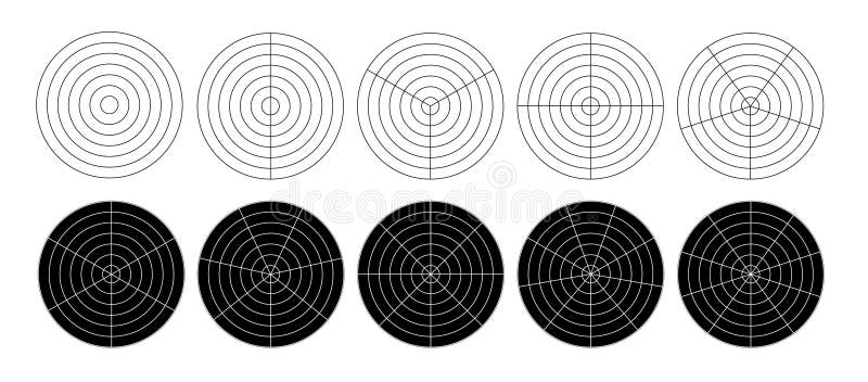 Outline Polar Grid Set. Polar Grid Divided Template Set. Radar Circular ...
