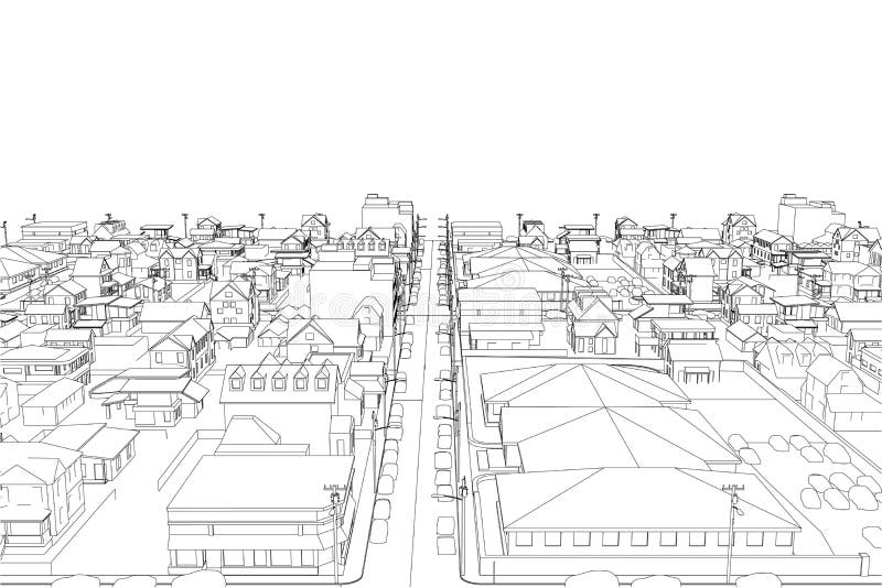 Outline of a Quarter of a Small Town from Black Lines Isolated on a ...