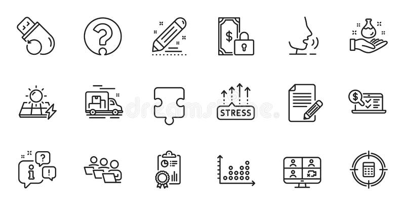Outline Set of Chemistry Lab, Question Mark and Flash Memory Line Icons ...