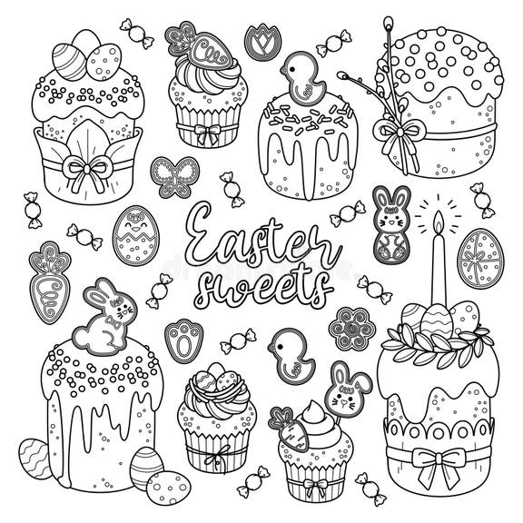 Outline Set of Easter Cakes and Gingerbread Stock Vector - Illustration ...