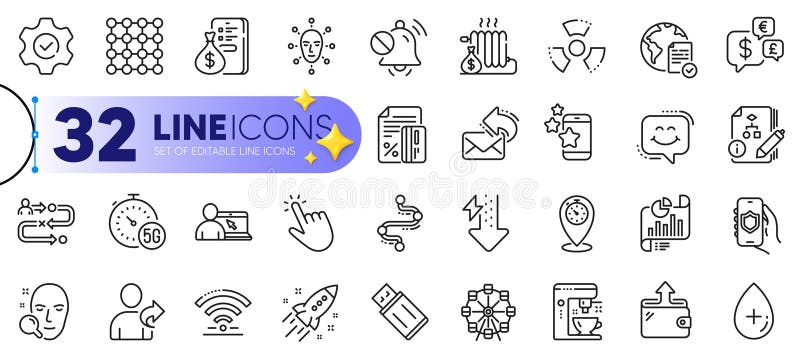 Outline Set Of Journey Path Density And Face Biometrics Line Icons For Web App Vector Stock
