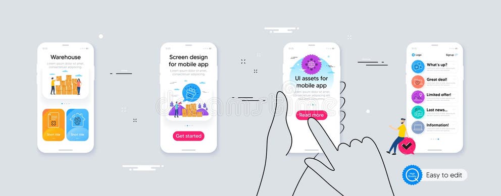 Outline Set of Time Management, Fingerprint Access and Smile Line Icons for Web Application. for ...