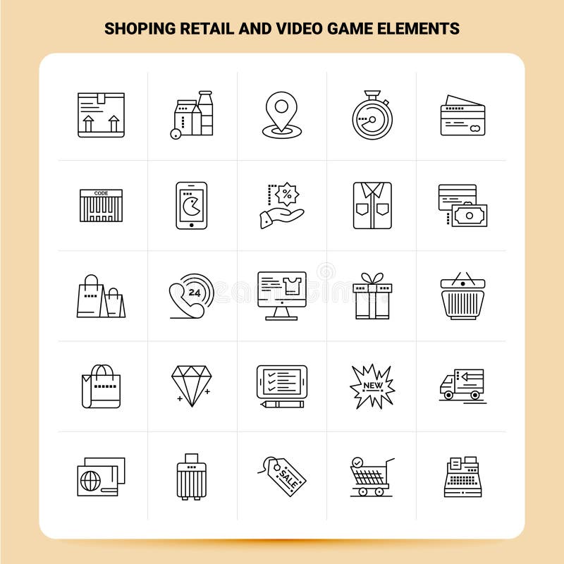 OutLine 25 Shoping Retail and Video Game Elements Icon Set. Vector Line ...