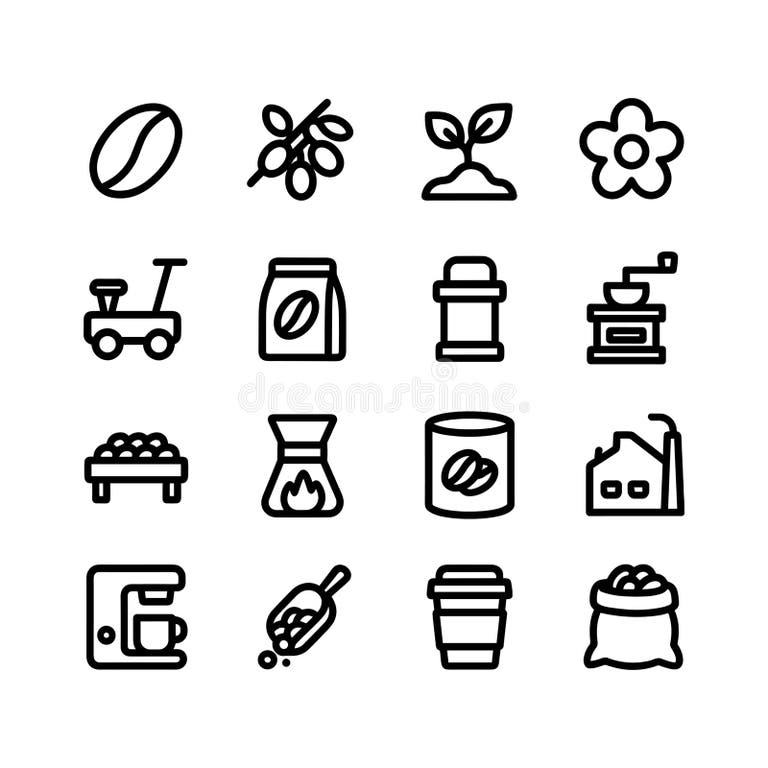 Outline Simple Coffee Bean Production Process Element Line Icon Set ...