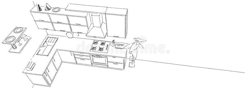 3d Sketch Drawing of Modern Kitchen Interior on Long Background Top ...
