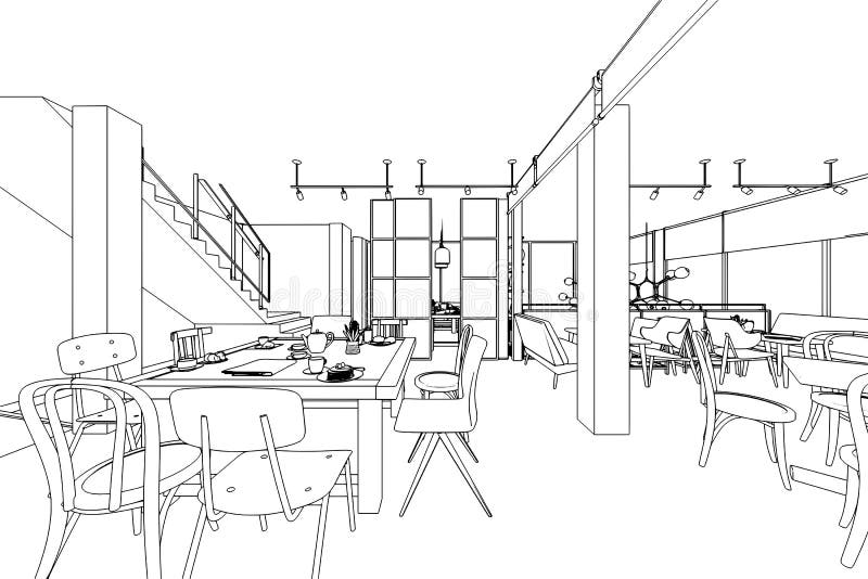 Outline Sketch Drawing Interior Perspective of House Stock Illustration ...