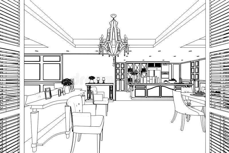 Outline Sketch Drawing Interior Perspective of House Stock Illustration ...
