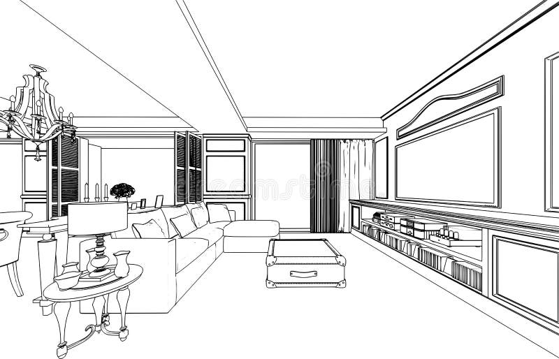 Outline Sketch Drawing Interior Perspective of House Stock Illustration ...