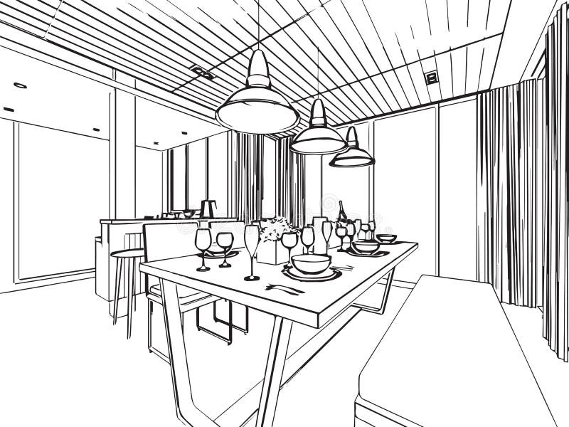 Outline Sketch Drawing Interior Perspective of House Stock Vector ...
