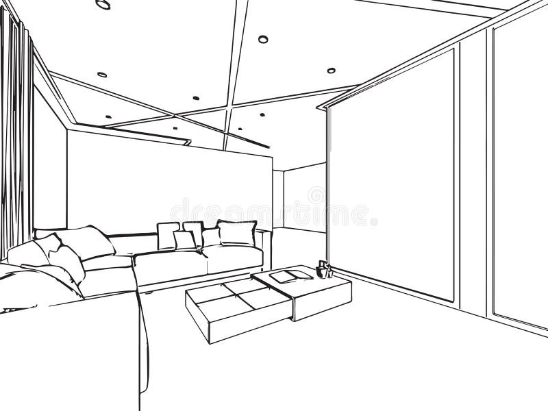 Outline Sketch Drawing Interior Perspective of House Stock Vector ...