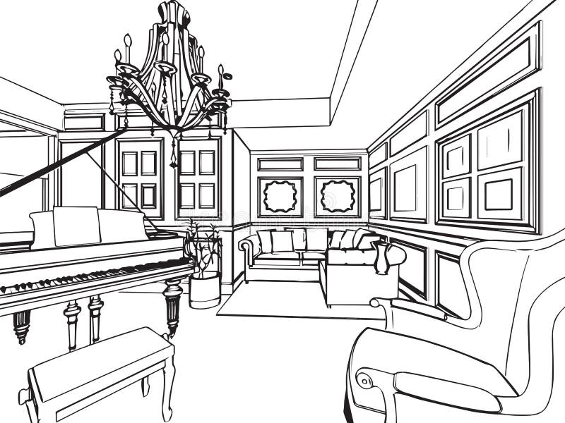 Outline Sketch Drawing Interior Perspective of House Stock Vector ...