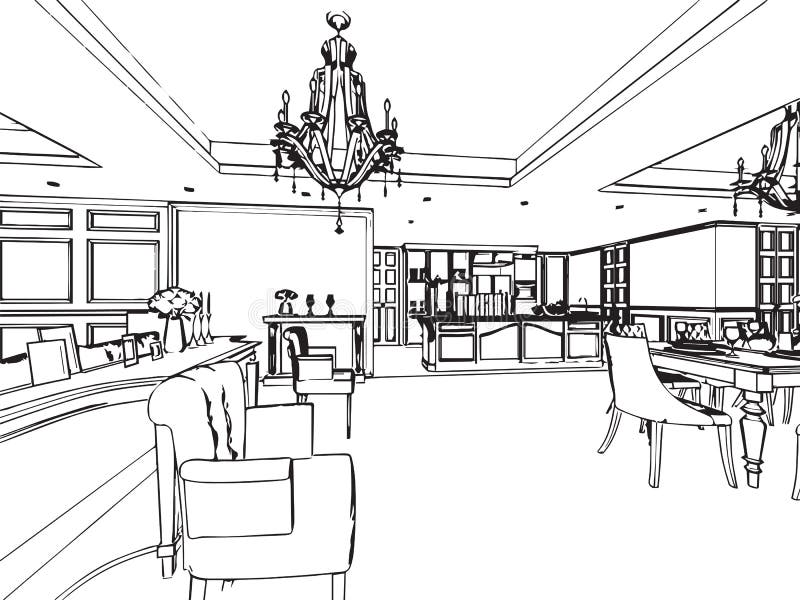 Outline Sketch Drawing Interior Perspective of House Stock Vector ...
