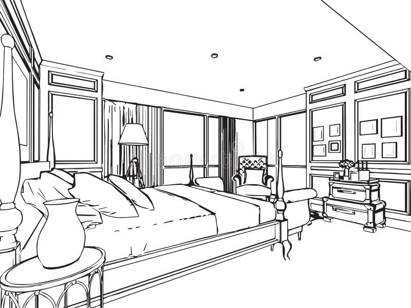 Outline Sketch Drawing Interior Perspective of House Stock Vector ...