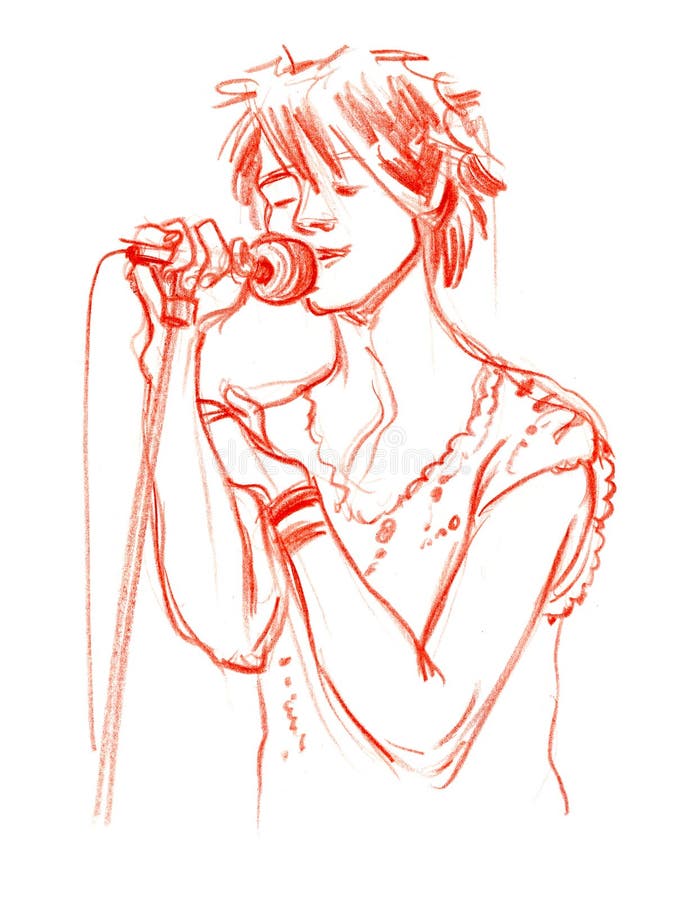 Outline Sketch Of A Portrait Of A Girl Singing Into A Microphone