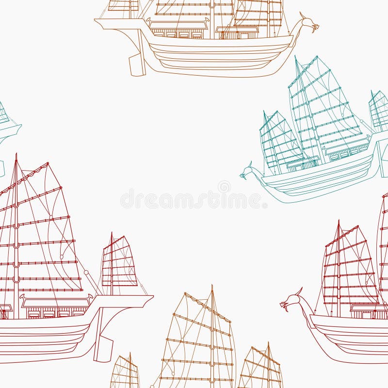 Outline Style Ancient Japanese Ship Vector Illustration Seamless ...