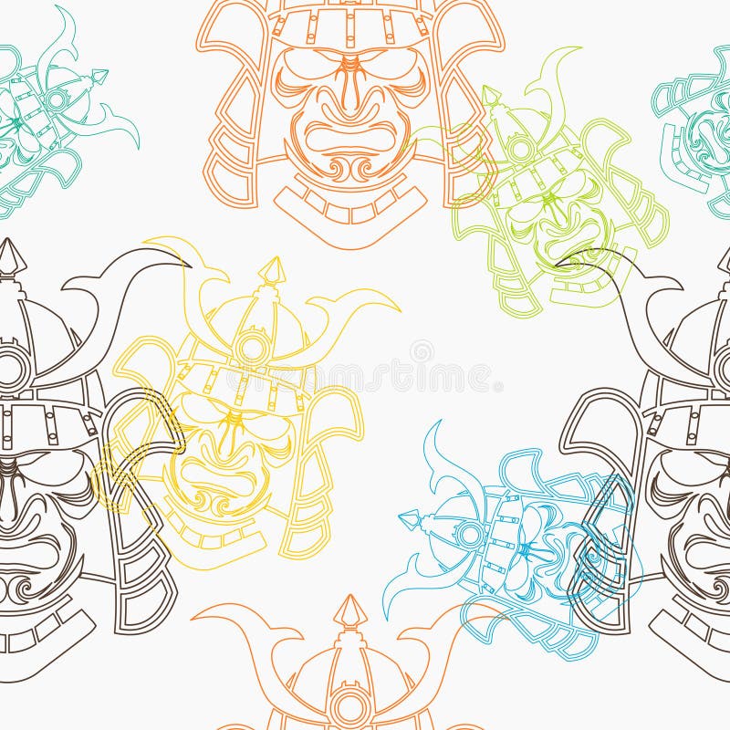 Outline Style Samurai Mask and Helmet Vector Illustration Seamless ...