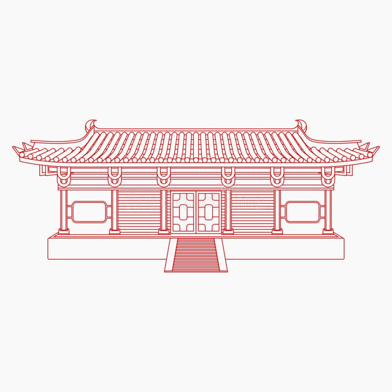 Outline Style Wide Traditional Chinese Building Vector Illustration ...