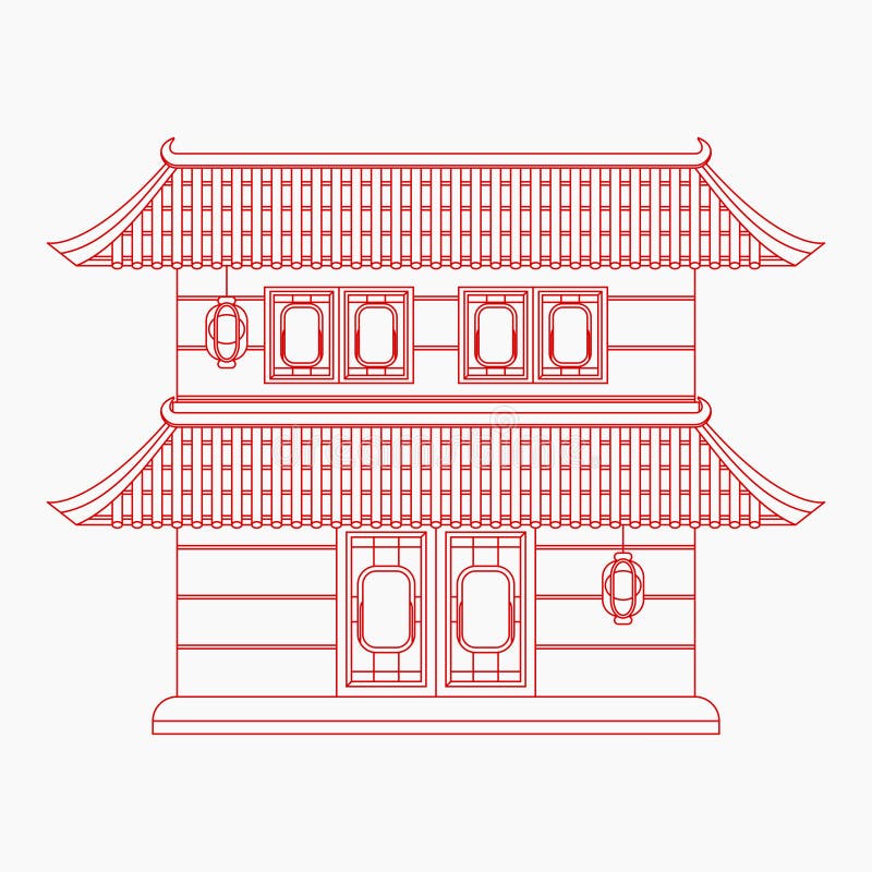 Outline Style Two Floors Traditional Chinese Building Vector ...