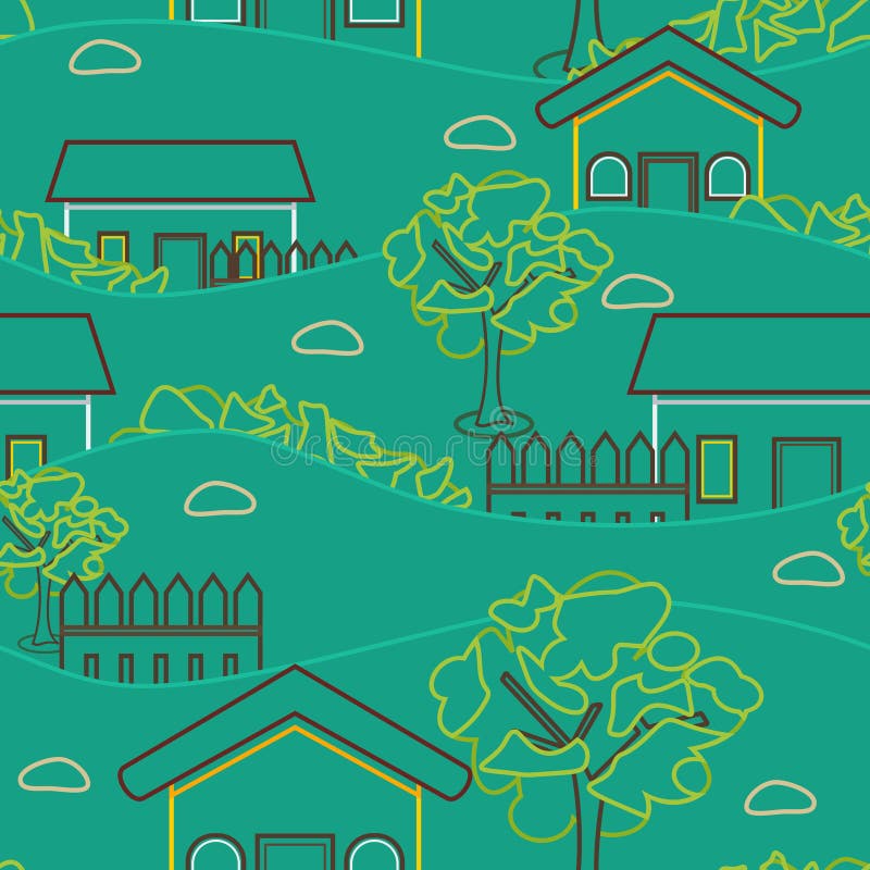 Outline Style Village Vector Illustration Seamless Pattern Stock ...