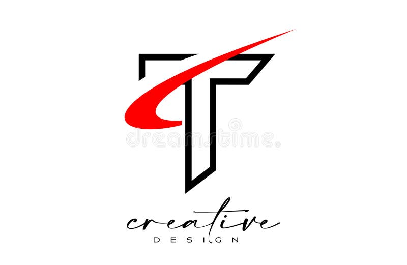 Outline T Letter Logo Design with Creative Red Swoosh. Letter T Initial ...