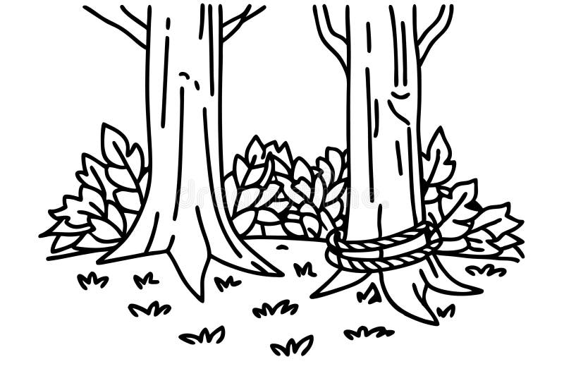 Outline of Two Trees with Rope in Forest Setting, Nature Scene ...