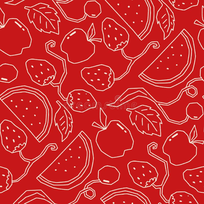 Outline Vector Juicy Fresh Fruit Repeat Seamless Pattern with Red ...