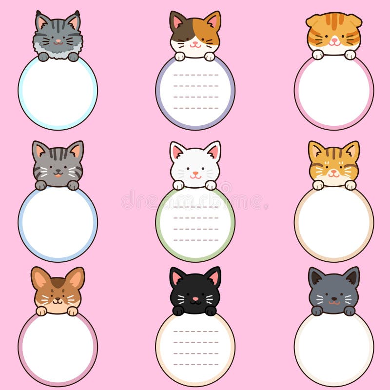 Outlined Adorable and Simple Cat Heads with Front Paws Holding a Circle ...