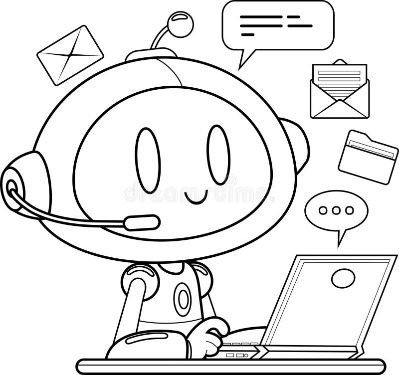 Outlined AI Robot Chat Bot Cartoon Character Call and Chat from Laptop ... Outlined AI Robot Chat Bot Cartoon Character Call and Chat from Laptop ...