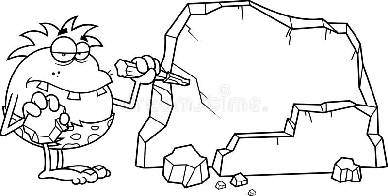 Outlined Caveman Cartoon Character Ready To Writing on Rock Blank Sign ... Outlined Caveman Cartoon Character Ready To Writing on Rock Blank Sign ...
